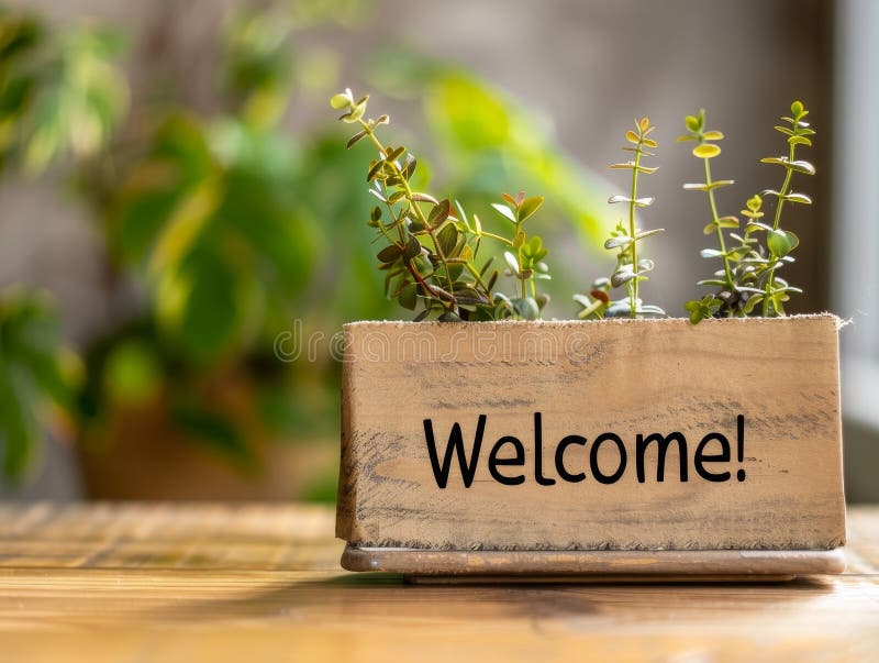 Welcome Sign with Potted Plants Stock Illustration - Illustration of ...