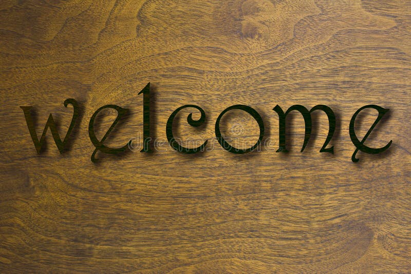 Welcome Sign Set on a Wood Background. Brown 3D Text Against Wood Grain ...