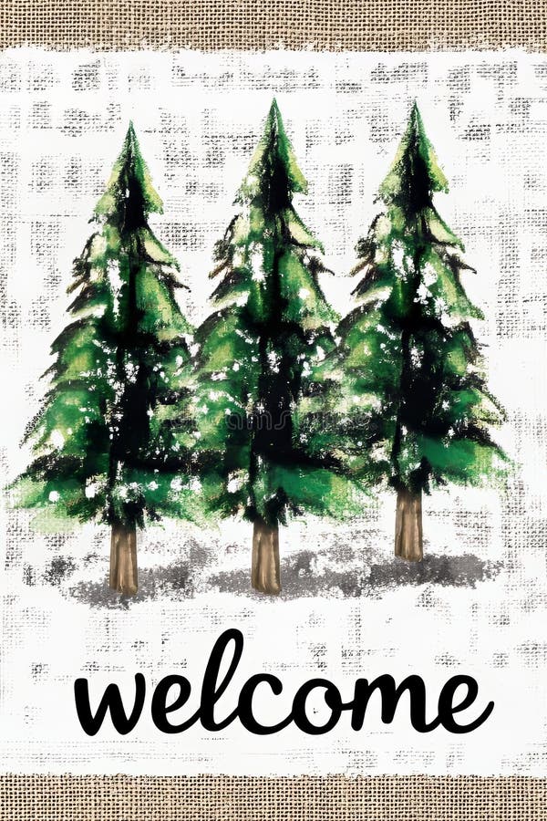 Welcome Sign with Snow-Covered Evergreen Trees Stock Illustration ...