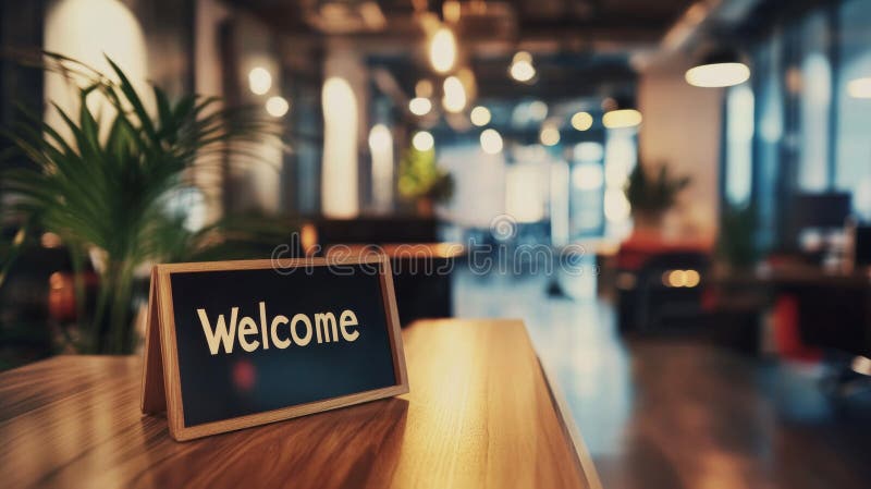 Welcome Sign on Wooden Desk in Modern Office Stock Illustration ...