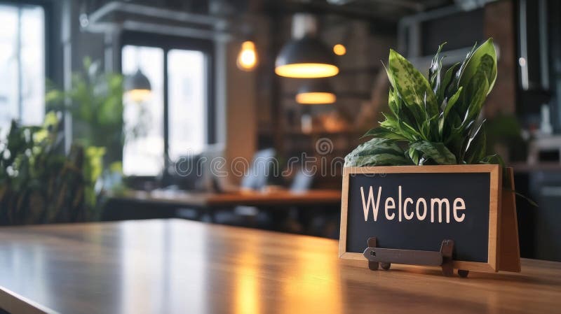 Welcome Sign on Wooden Desk in Modern Office Interior Stock ...