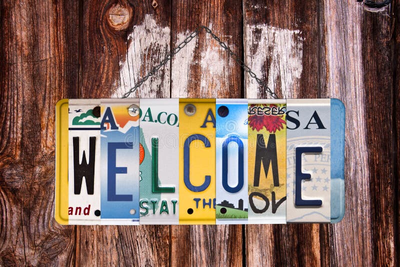 Welcome Sign Written with Recycled License Plates Stock Photo - Image ...