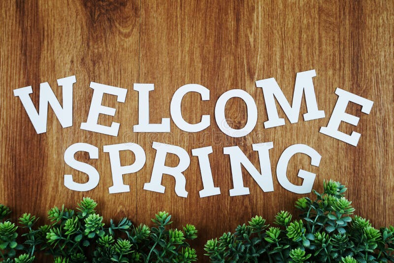 Welcome Spring with Green Leave on Wooden Background Stock Image ...