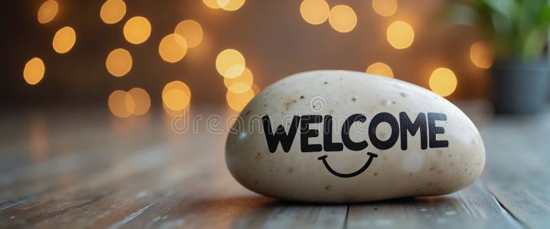 Welcome Stone with Smile and Warm Bokeh Lights, Greeting Concept Stock ...