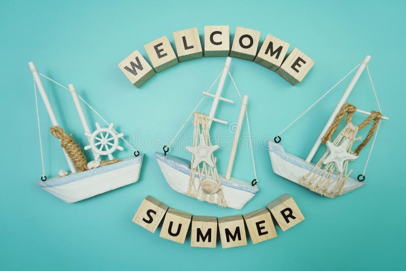 Welcome Summer Message Alphabet Letter with Sailboat on Blue Background ...
