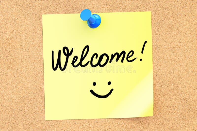 Welcome Text on a Sticky Note Pinned To a Corkboard. 3D Rendering Stock ...