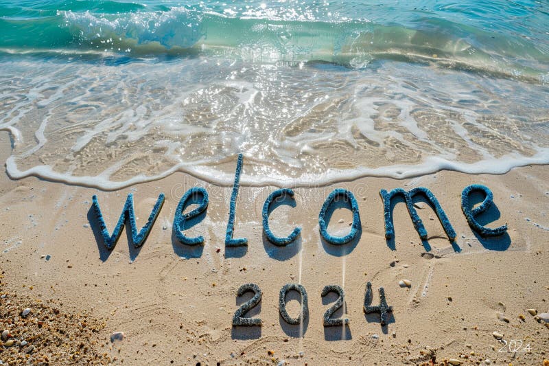 Welcome 2024 Text Written on the Sand of the Beach. Stock Photo - Image ...