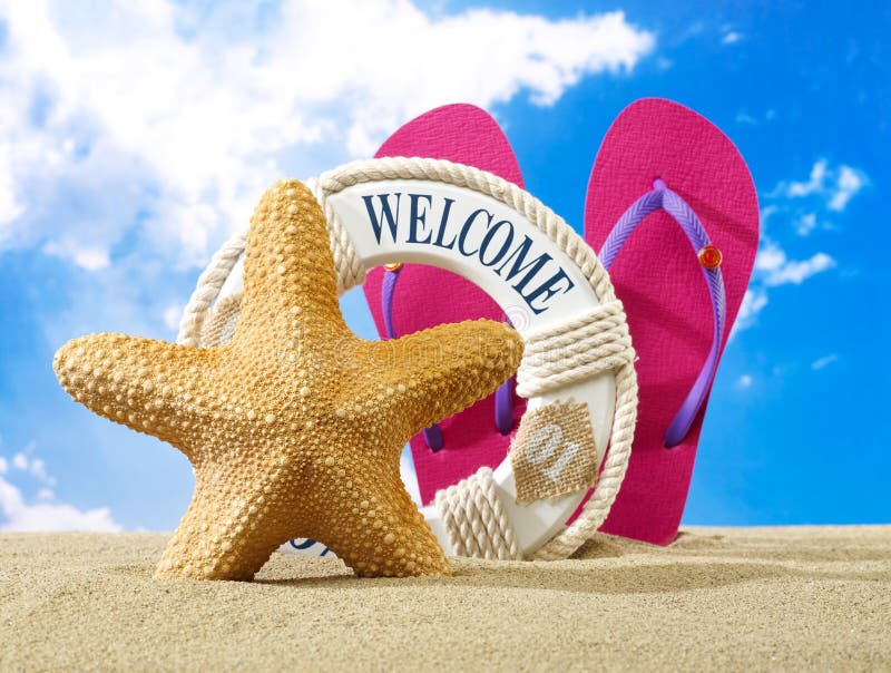 Starfish and Welcome Sign on Beach Stock Photo - Image of sunny ...