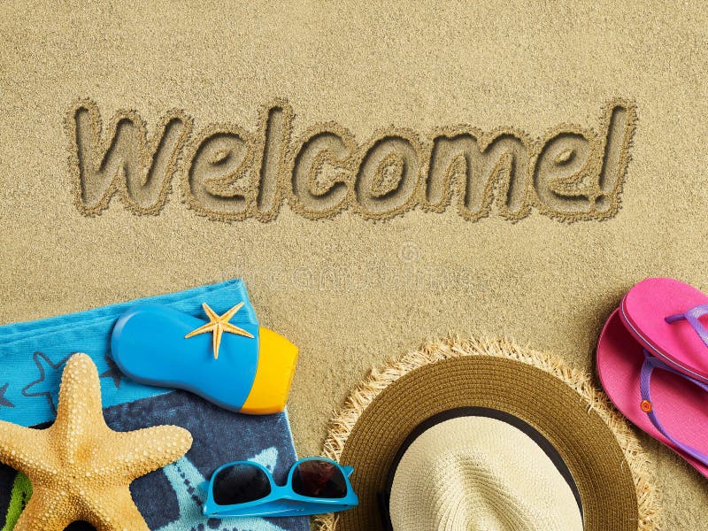 Welcome to the beach stock photo. Image of lotion, sign - 55755786