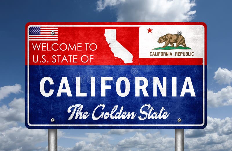 State of California Road Sign - with Flag and Map Stock Image - Image ...