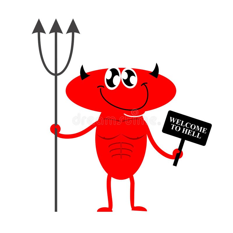 Welcome To Hell. Cute Red Devil Holding a Sign and Trident Stock Vector ...