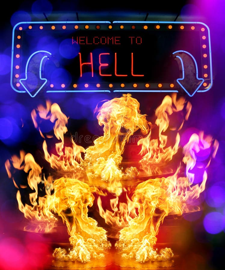 Welcome To Hell Neon Sign with Flames Stock Photo - Image of religious ...
