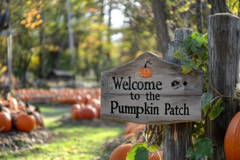 Welcome To the Pumpkin Patch Sign with Pumpkins in Background Stock ...