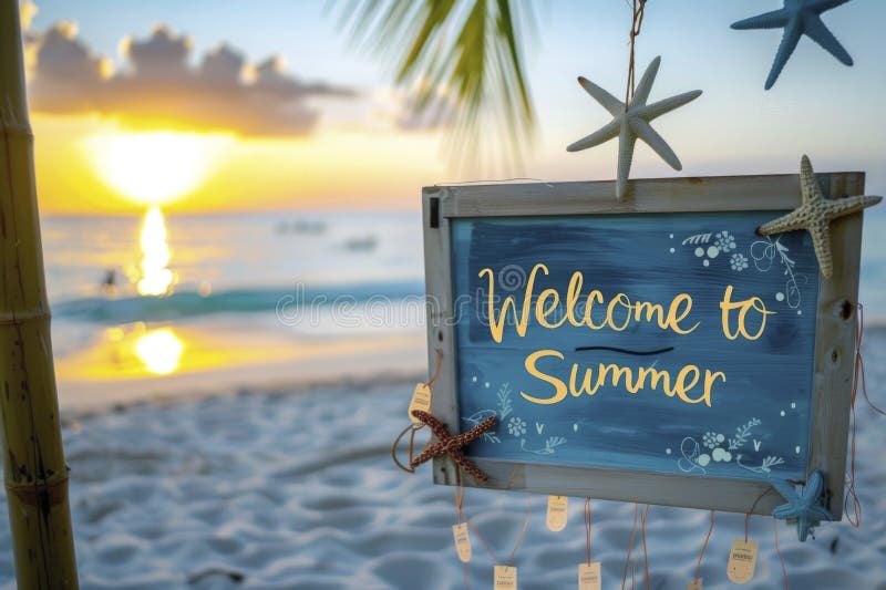 Welcome To Summer: Sunset Beach Scene with Decorative Sign Stock Image ...