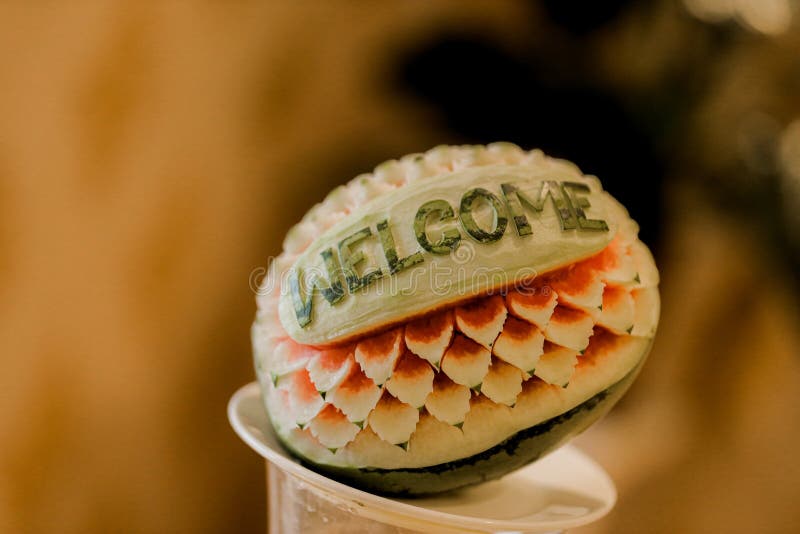 Welcome watermelon carving stock photo. Image of fruit - 245965240