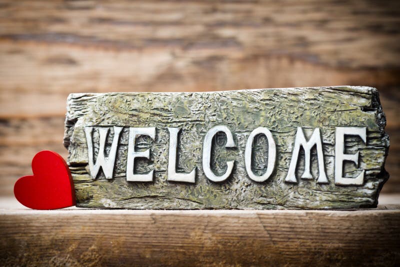 Wood Welcome Sign with Red Heart Hanging on Rustic Wooden Background ...