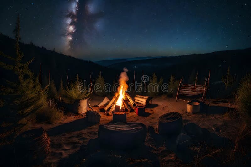 A Welcoming Bonfire Beneath a Starry Night Sky. Stock Illustration ...
