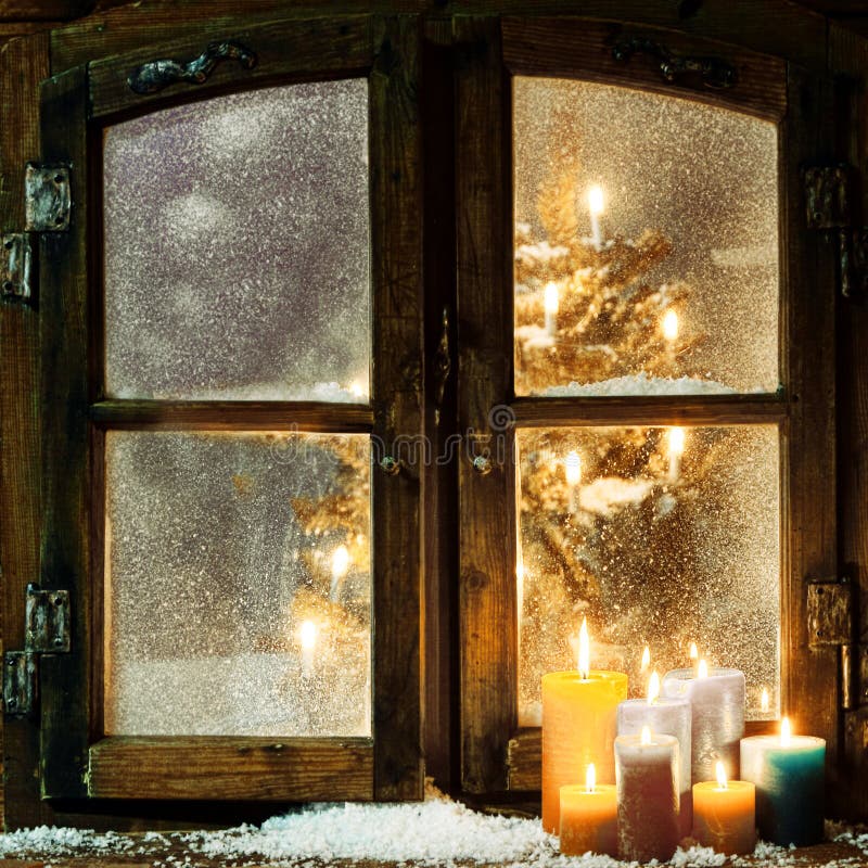 Classical Christmas Wooden Window Decoration with Red Candles an Stock ...