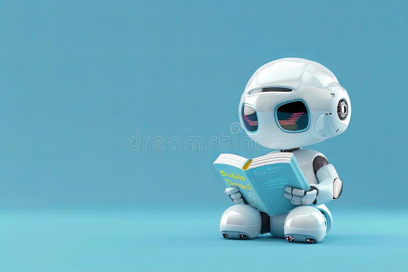 Welcoming 3D Robot Engrossed in Reading, with Copy Space for Text and a ...