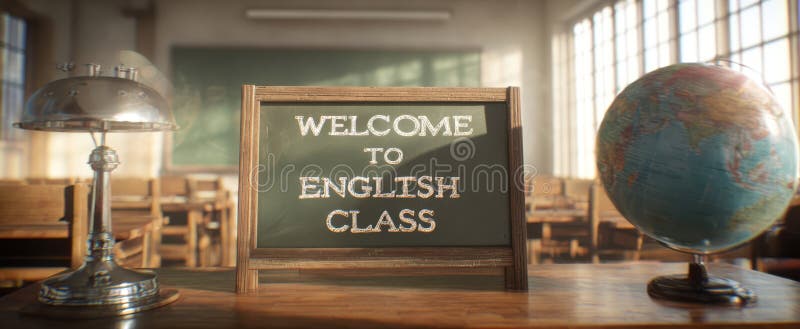 The Welcoming English Class with Chalkboard and Globe on the Desk. AI ...