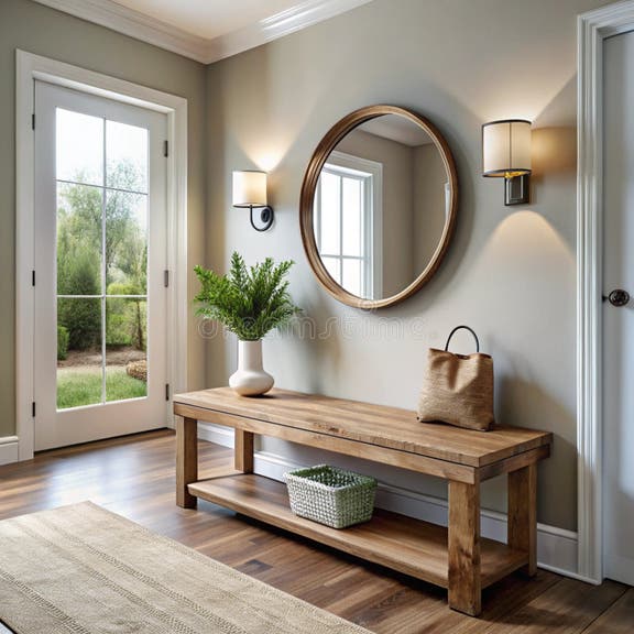A Welcoming Entryway with a Rustic Bench, Mirror, and Artfully Placed ...