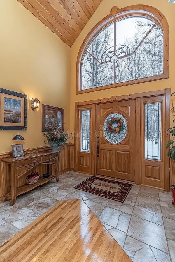 Welcoming Entryway with Vaulted Ceiling, Large Window, and Tile Floor ...