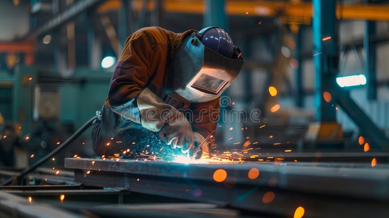 Welder in Action in Industrial Workshop Sparks Flying Stock ...