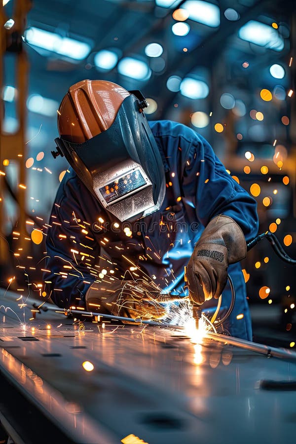 Welder in Blue Suit Working with Metal and Producing Sparks. Stock ...