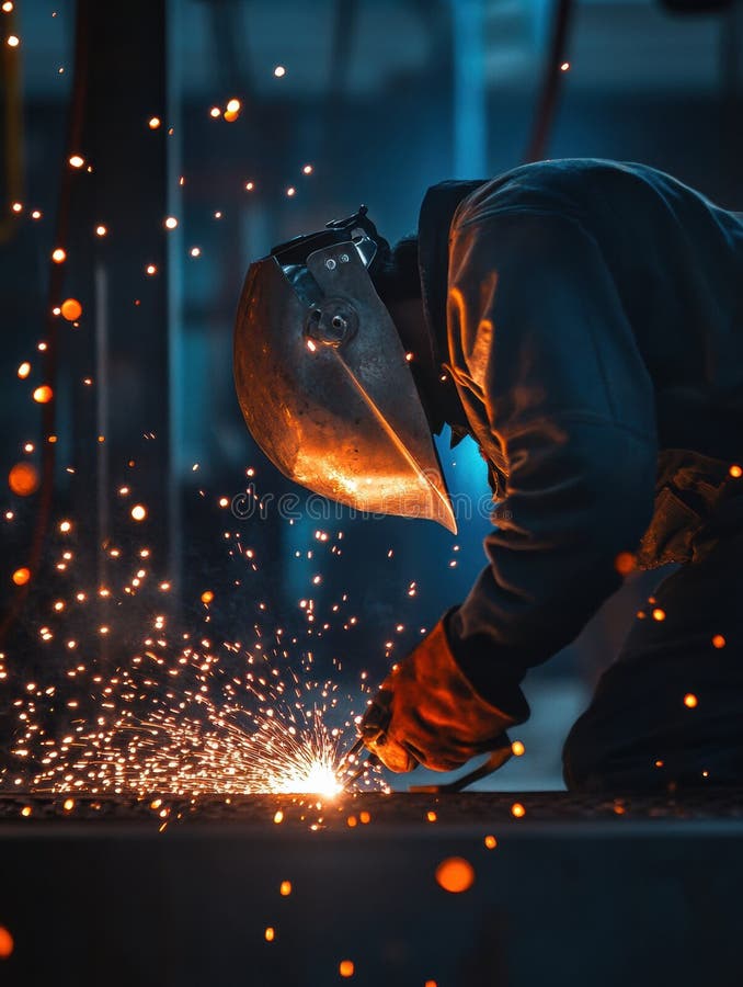 Welder Creating Bright Sparks in Dark Workshop with Dramatic Lighting ...