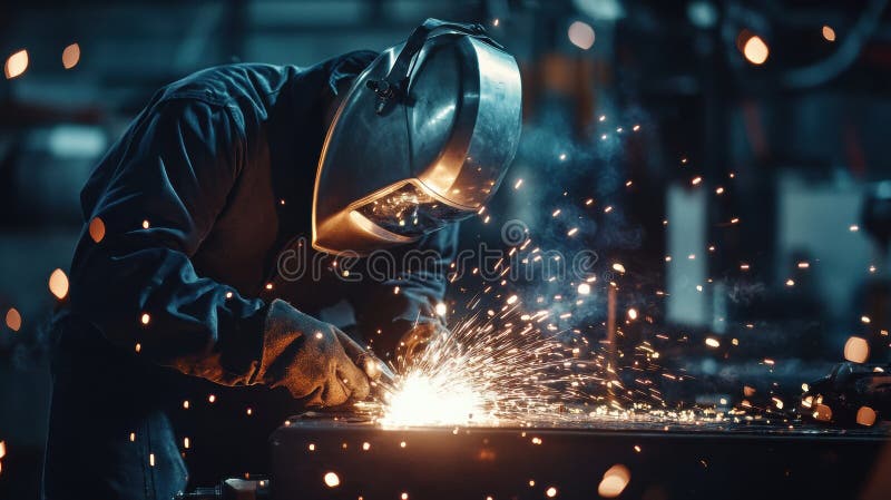 Welder Creating Sparks in a Dark Workshop with Intense Action and ...