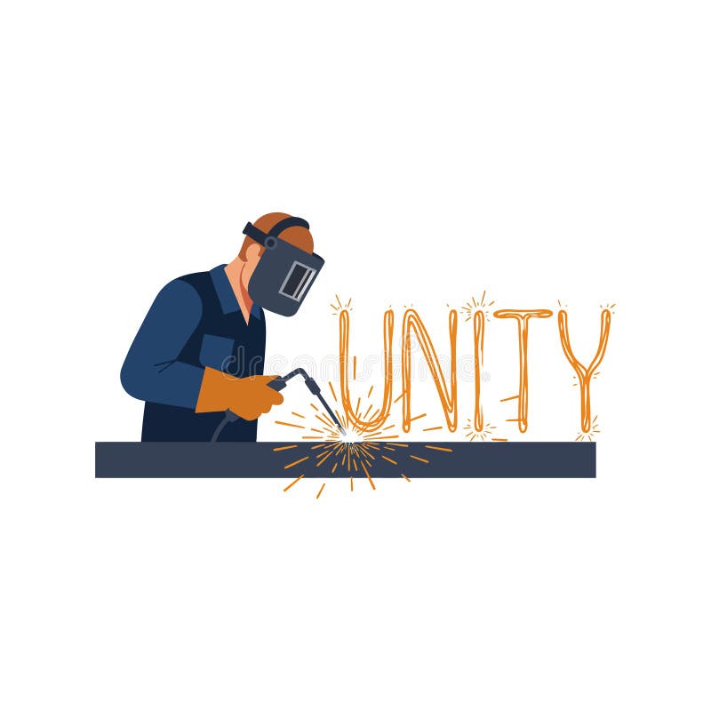 Welder Creating Unity Word with Sparks and Protective Gear Vector ...