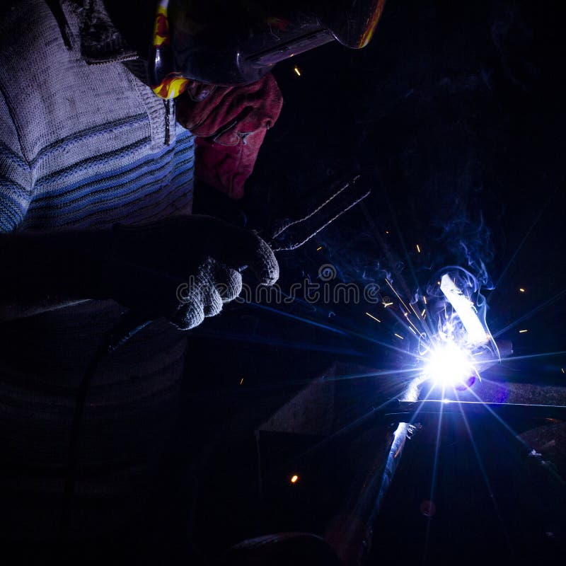 Welder Doing Metal Work at Night, Front and Background Blurred with ...