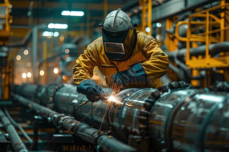 A Welder Fixing Plumbing Pipeline. Generative AI. Stock Illustration ...