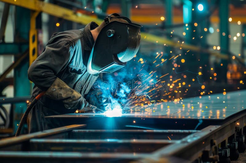 Welder in Mask Working with Metal in Workshop Stock Illustration ...