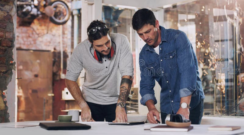 Welder, Men and Tablet in Workshop for Planning, Technology and Project ...