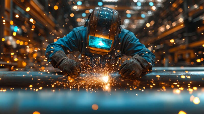 Welder Performing Precise Fabrication Work in a Bustling Factory ...