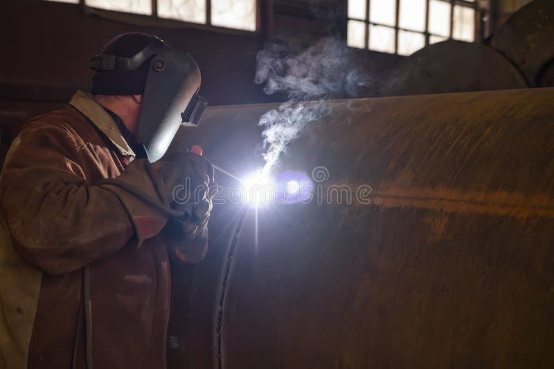 Welder Performs Welding Large Diameter Pipe Stock Photo - Image of ...