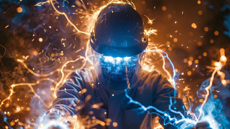 A Welder in Protective Gear is Enveloped in a Shower of Sparks and Blue ...