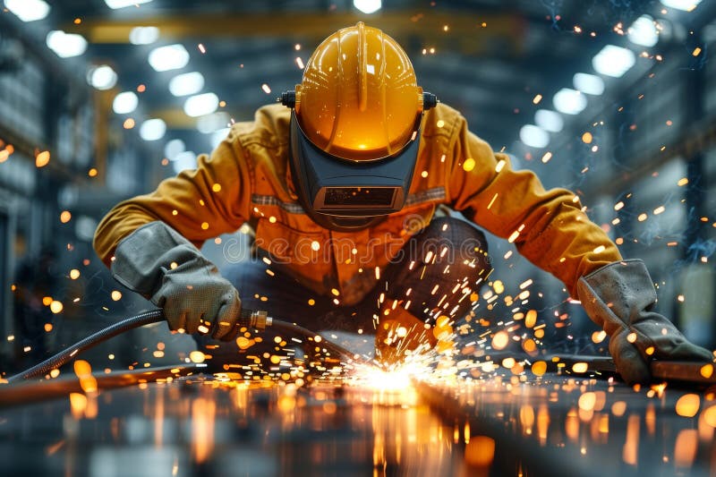 Welder in Protective Gear Fabricating Metal Components in Industrial ...