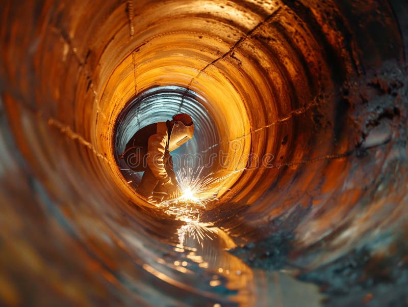 Welder at Work Inside a Pipe Stock Image - Image of protective ...
