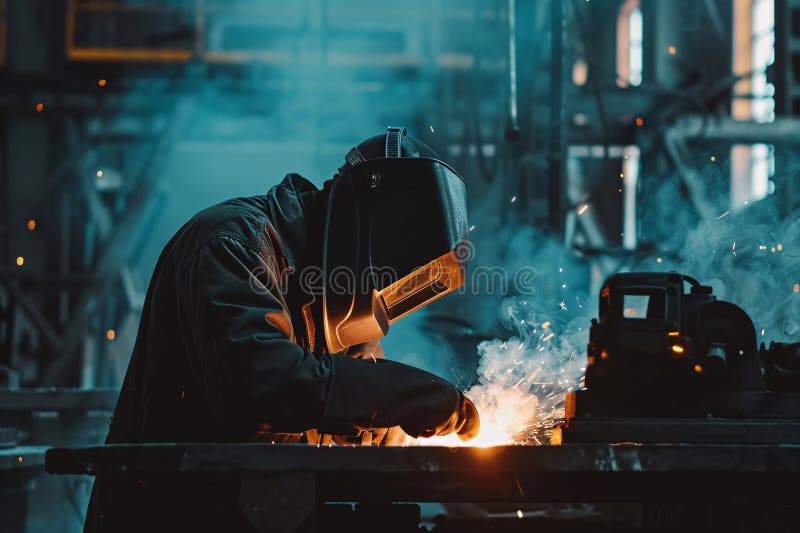 Welder in Protective Mask Working in the Dark Factory Stock ...