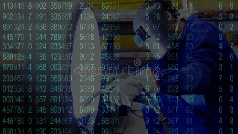 Welder Using Torch in Industrial Workshop, with Animated Green Data ...