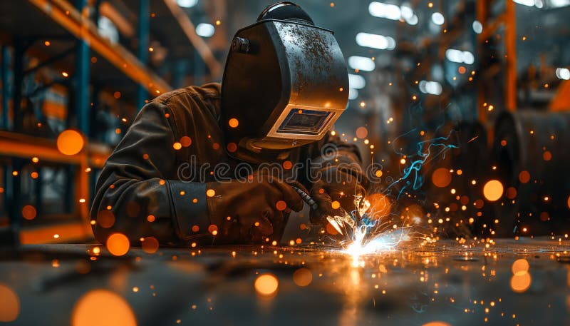 Welder Welding Metal Piece in Industrial Environment Stock Photo ...