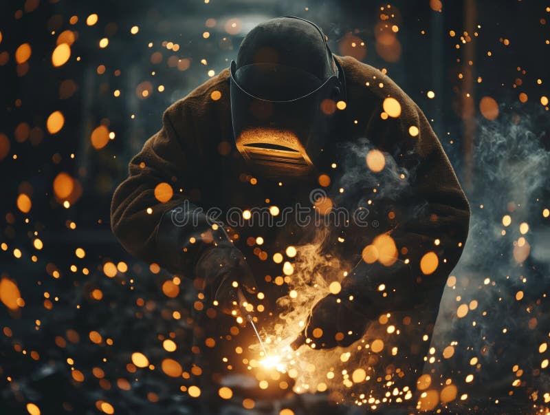 Welder at Work in a Dark Workshop Stock Image - Image of heat, sparks ...