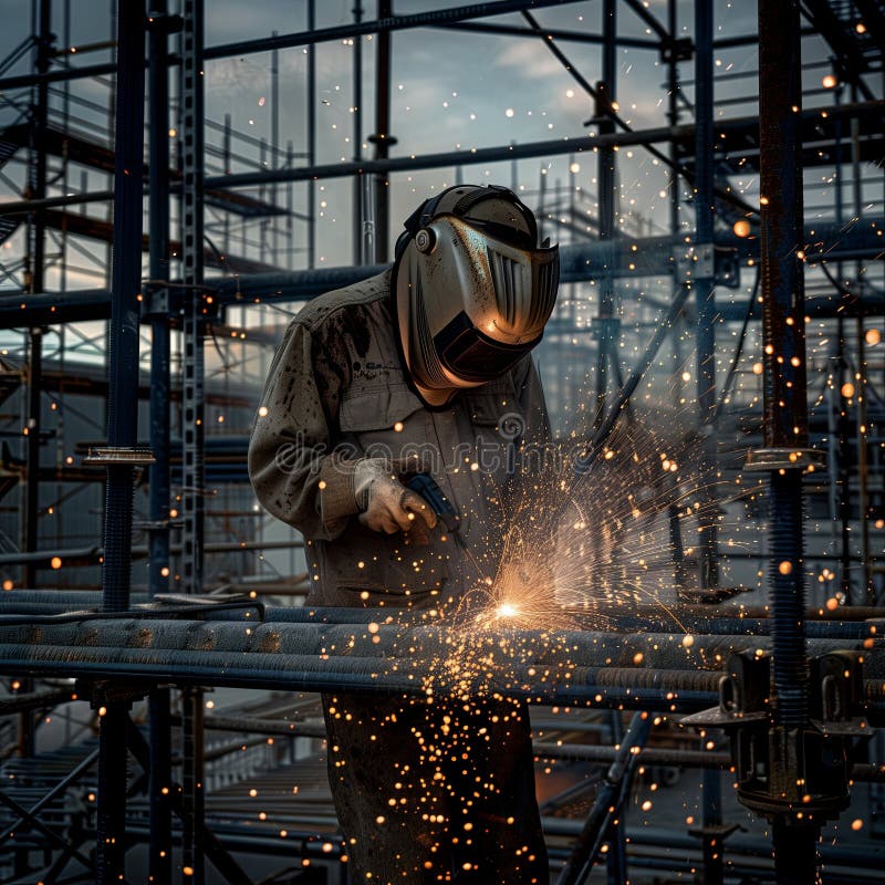 Welder at Work in Industrial Factory, Sparks Flying from Welding Metal ... Welder at Work in Industrial Factory, Sparks Flying from Welding Metal ...
