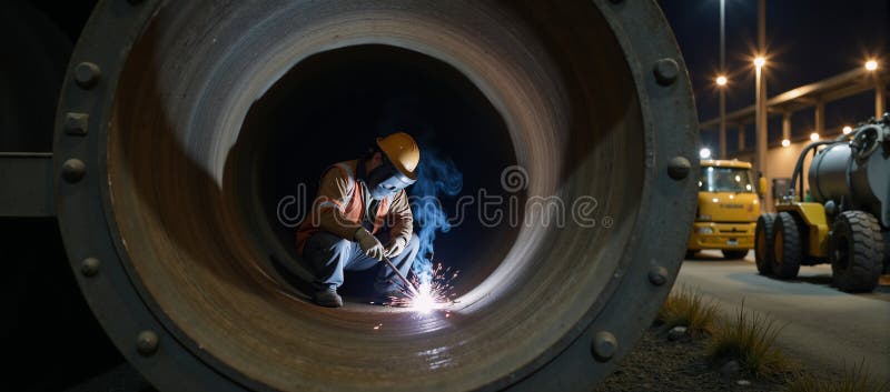 A Welder at Work Inside a Massive Pipeline in Heavy Industry Stock ...