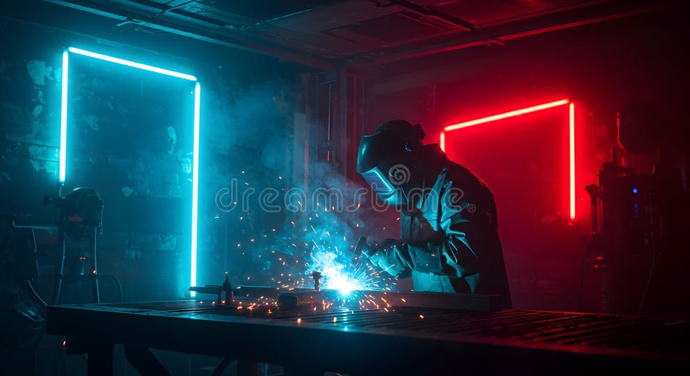 Welder at Work with Neon Lights in the Background Stock Illustration ...