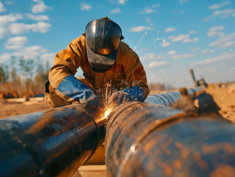 Welder at Work on Pipeline Construction Stock Image - Image of heat ...