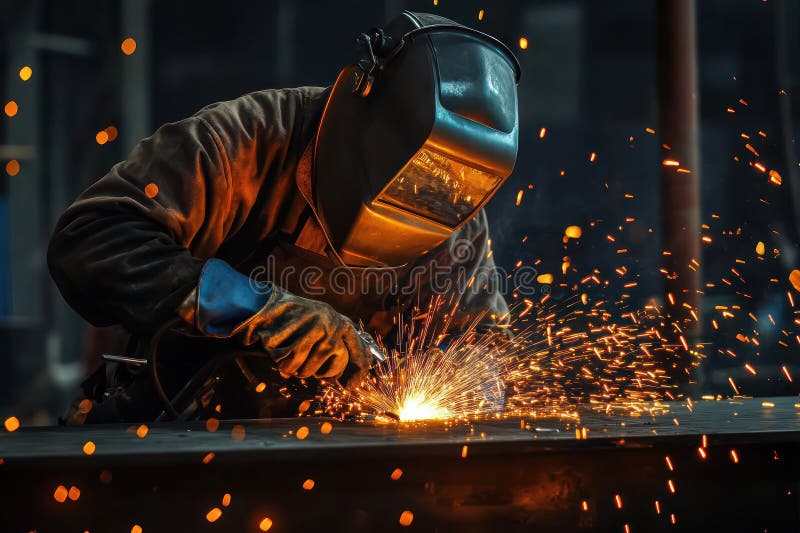 Welder at Work with Sparks in Darkness Stock Photo - Image of helmet ...