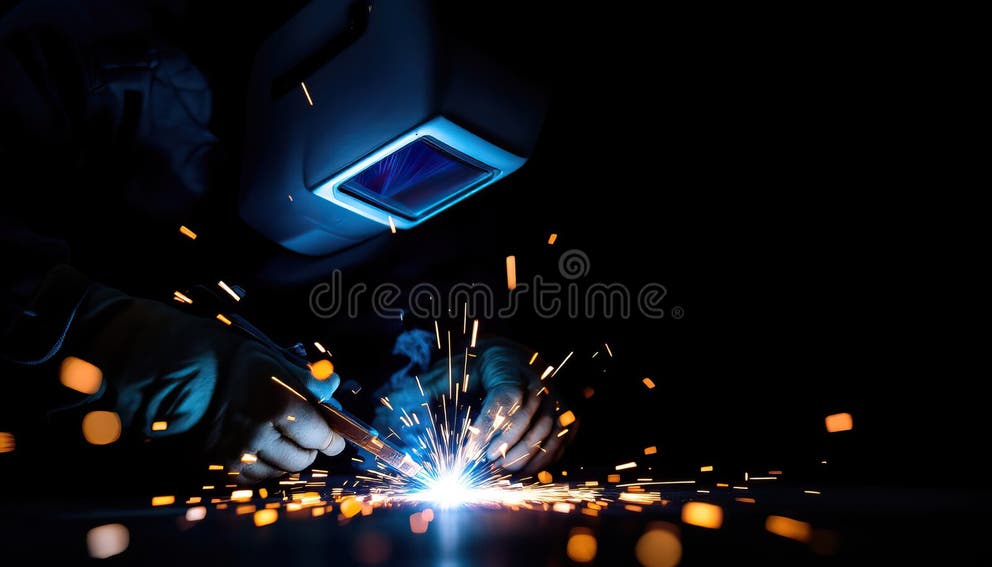 Welder at Work with Sparks Flying in a Dark Workshop Setting Stock ...